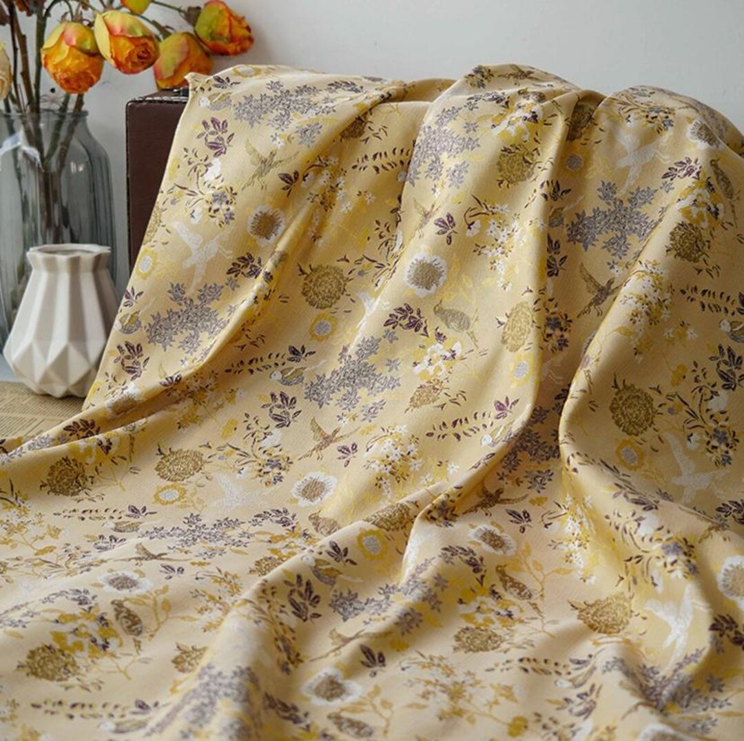 Yellow Birds Floral Jacquard Designer Brocade Fabric by Meter - Etsy