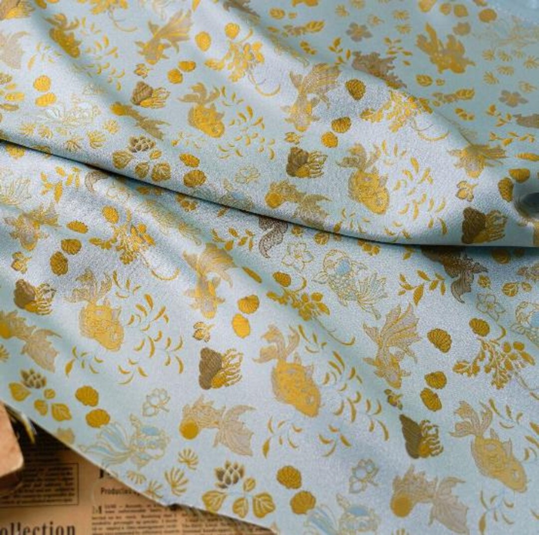 Light Blue Gold Fish Jacquard Designer Brocade Fabric by Meter - Etsy
