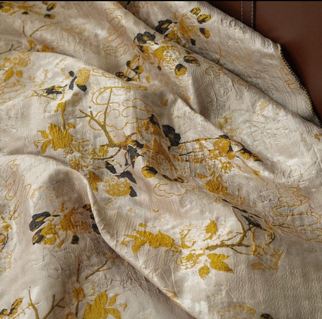 Yellow Cloud Asian Pattern Jacquard Designer Brocade Embossed Fabric by ...