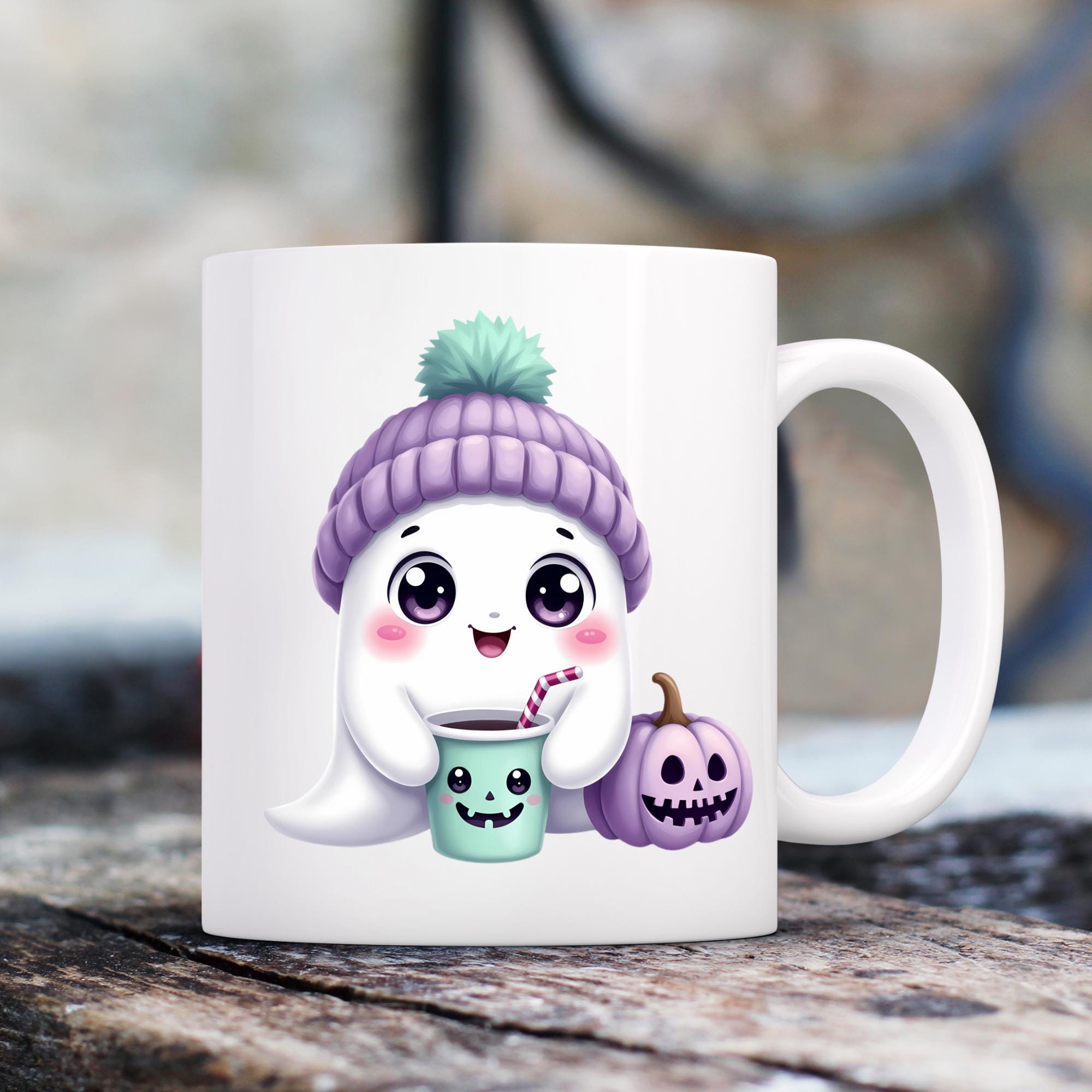 Cute Kawaii Halloween Ghost PNG – Purple Beanie Ghost With Drink ...