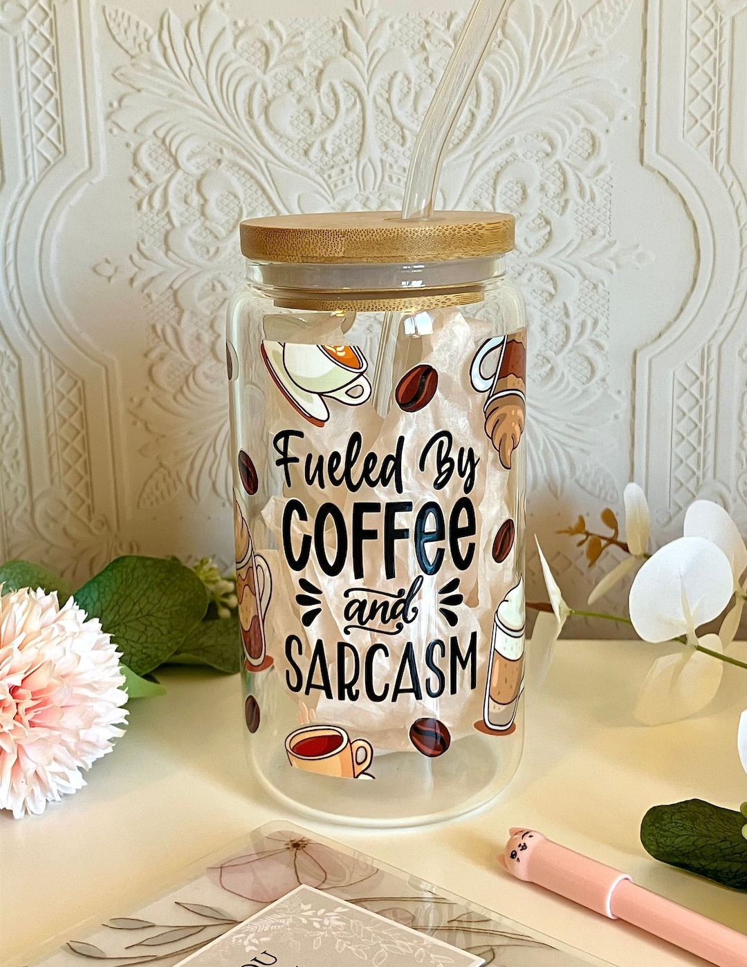 Fueled by Coffee and Sarcasm Beer Can Glass Cup | Iced Coffee Cup ...