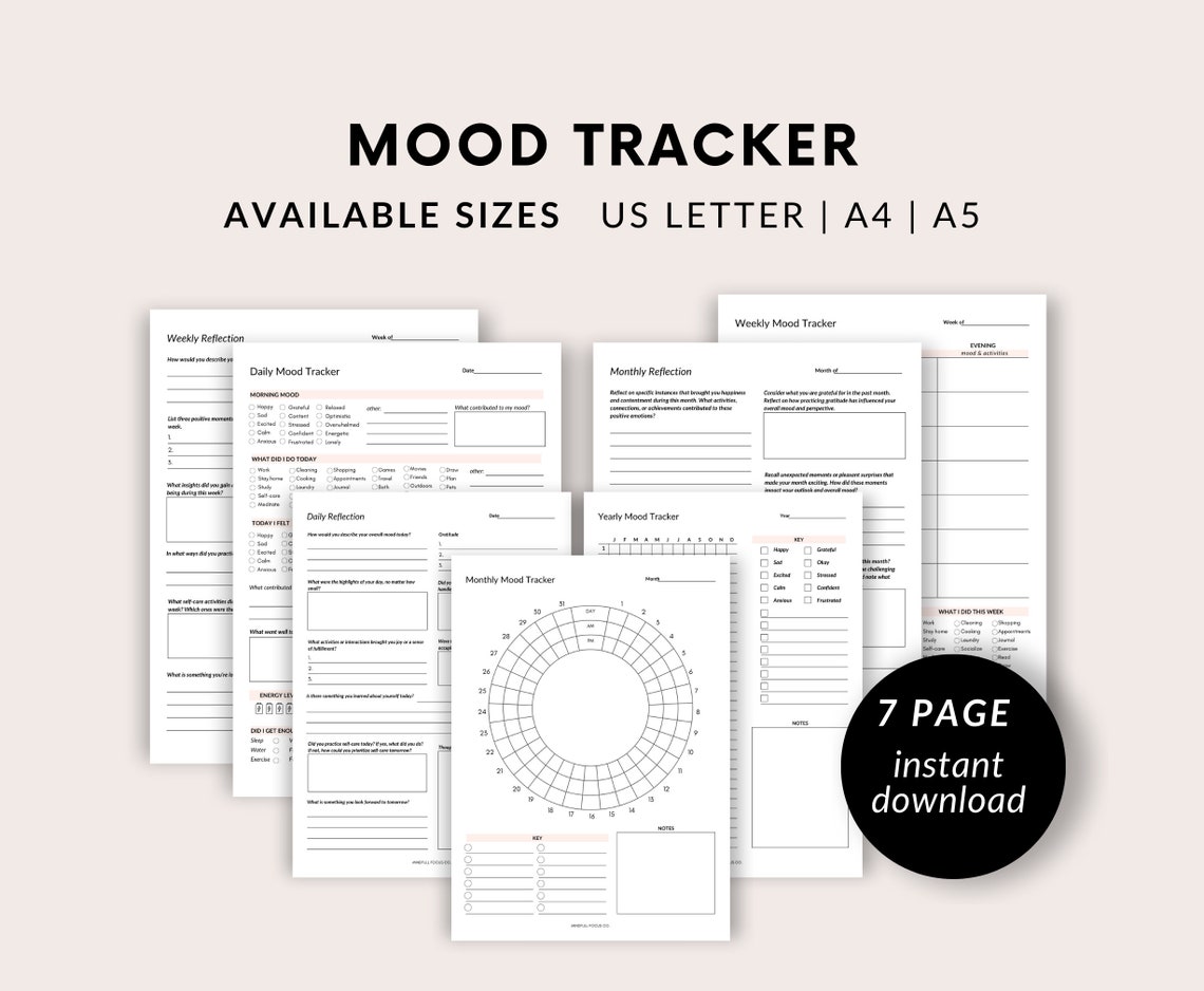 Mood Tracker Printable, Mood Tracker Journal, Daily Mood Tracker, Planner Inserts, A5 Mood ...