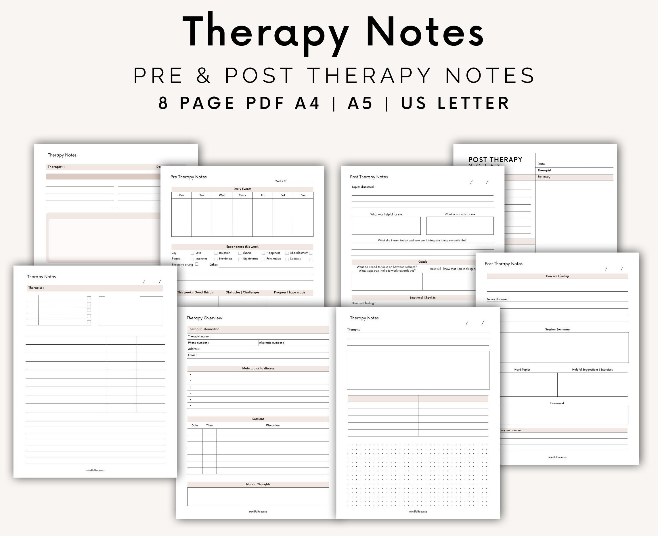 Therapy Notes, Therapy Session Log, Pre and Post Therapy Session Notes ...