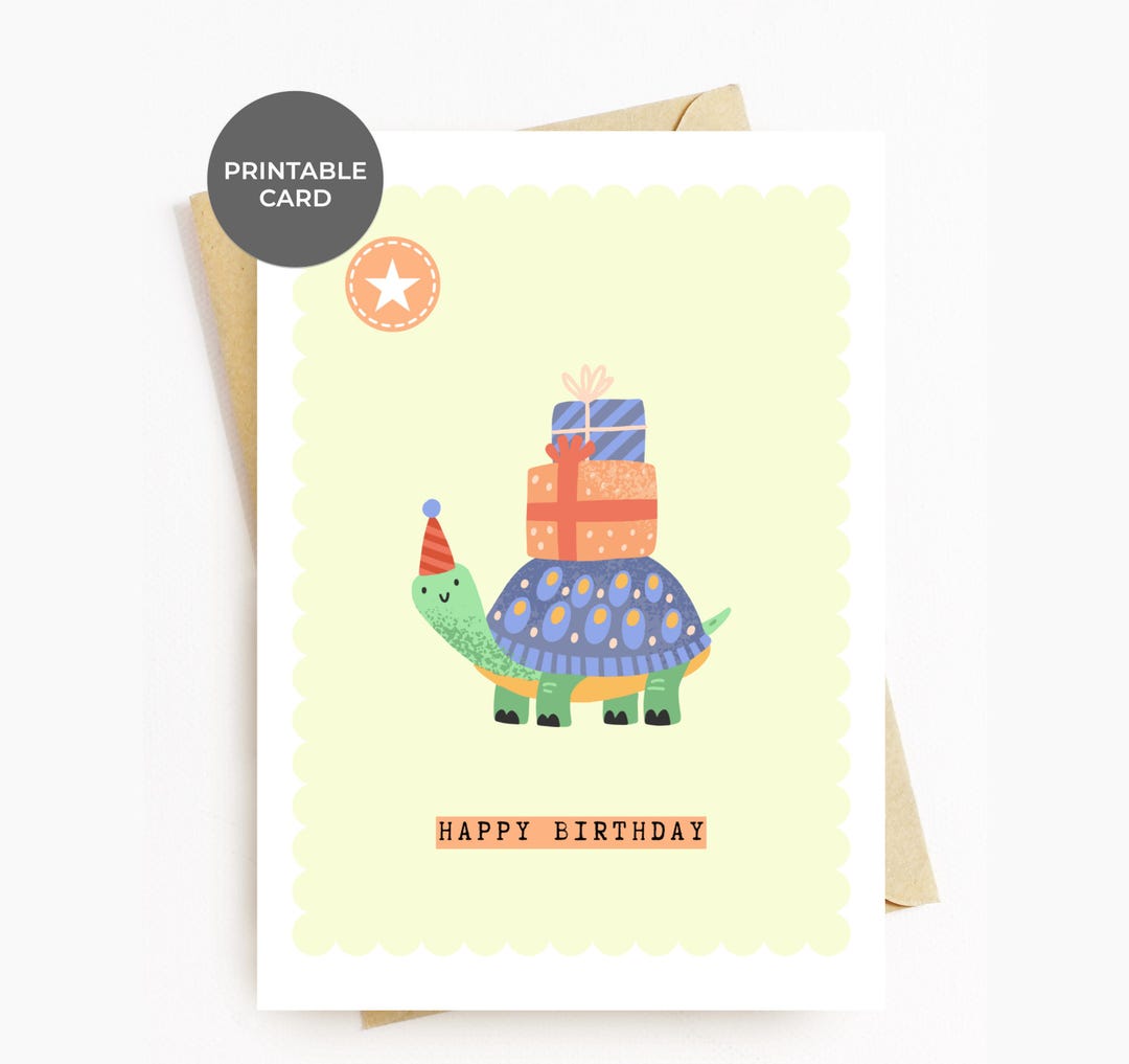 Birthday Card PRINTABLE Cute Turtle Animal Happy Bday Kids Childrens ...