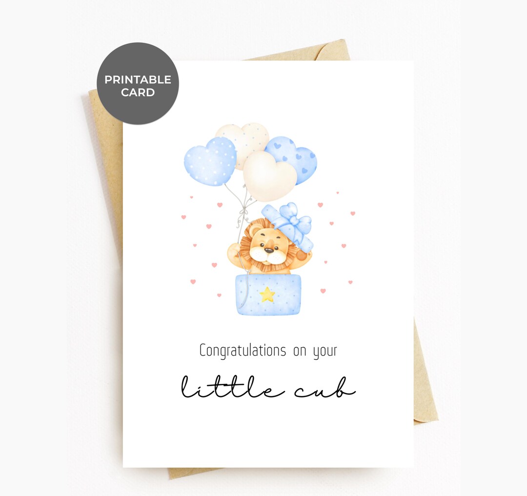 Baby Shower Card PRINTABLE Little Lion Cub Cute Baby Boy Newborn ...