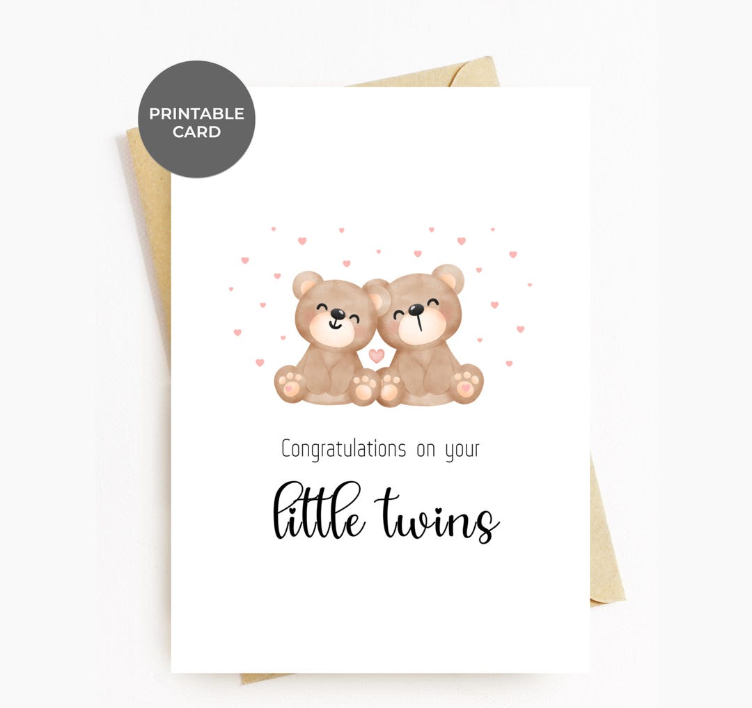 Twins Baby Shower Card PRINTABLE New Baby Twins Little Bear Cubs Cute ...