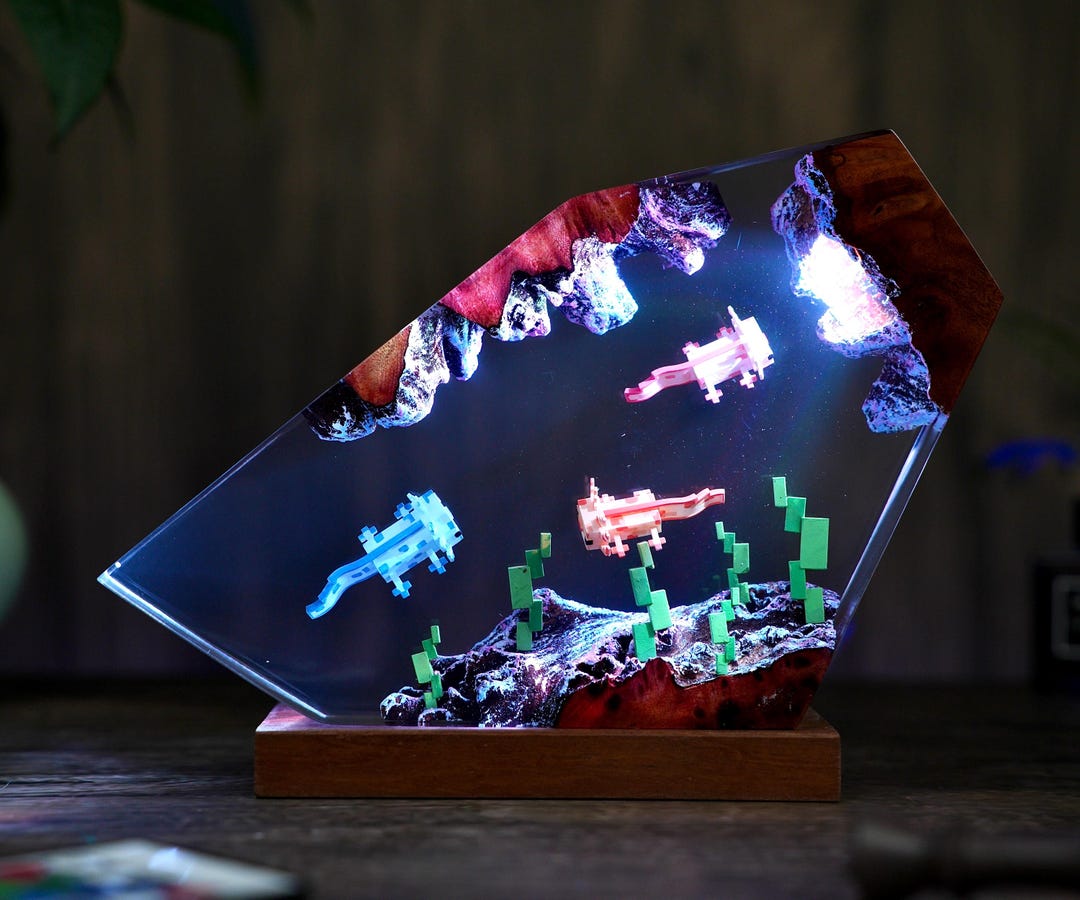 Handmade Axolotl Cube Lamp, Resin & Wood Night Light, Unique Gift, Desk ...