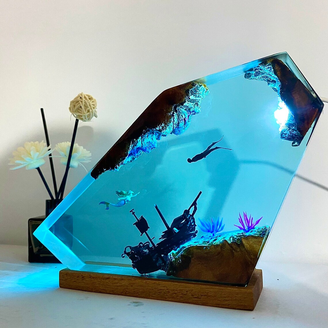 Mermaid Night Light Little Mermaid & Human Epoxy Resin Wood - Etsy UK