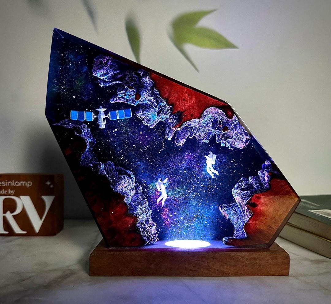 Custom Galaxy Night Light: Astronaut & Satellite Resin Wood Lamp ...