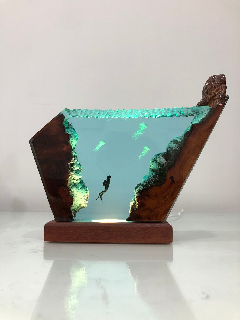 Jellyfish and Diver Epoxy Resin Wood Night Light Ocean Art - Etsy
