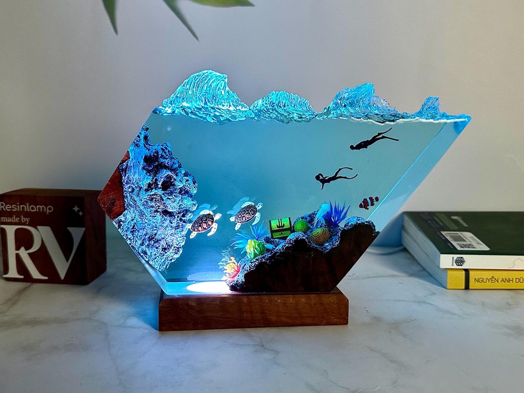 Sea Turtle and Couple Diver Night Lights, Ocean Night Light, Resin Wood ...