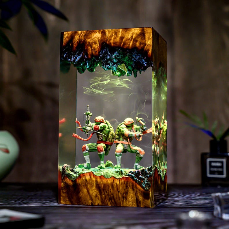 Warrior Turtle Lamp Diorama, Handmade Resin & Wood Night Light, Samurai ...