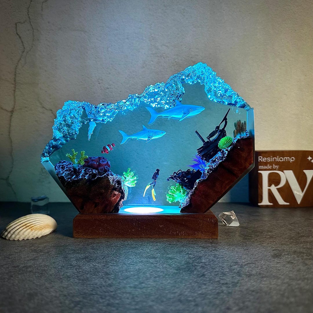 Custom Great White Shark and Scuba Resin Lamp, SCUBA DIVER Epoxy Lamp ...