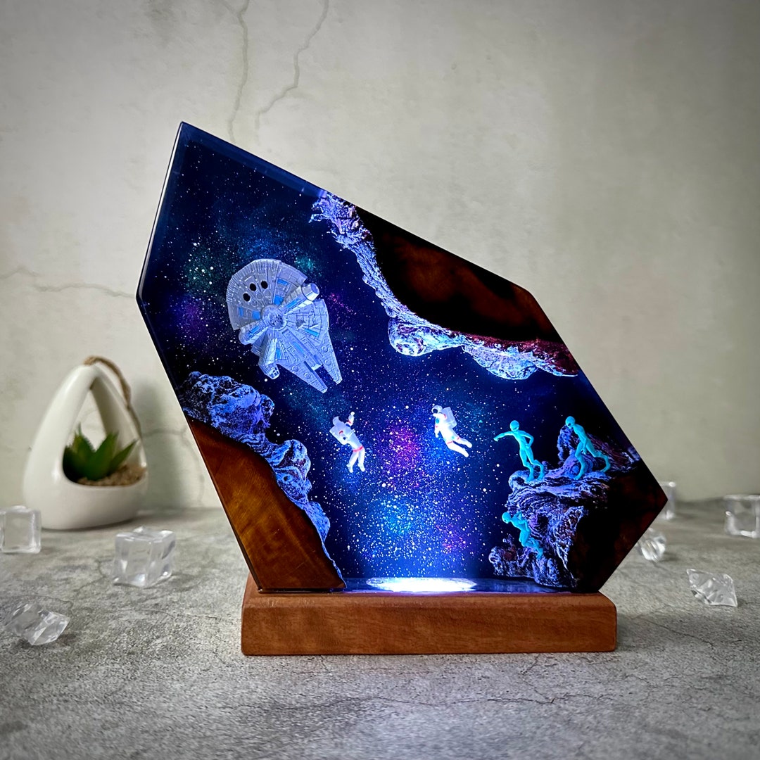 Aliens and Astronauts Resin Lamp, Space Epoxy Wood Lamp, Galaxy Space ...