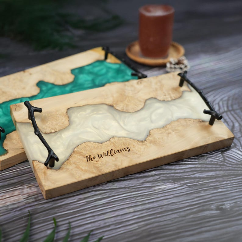 Walnut Live Edge Charcuterie Board: Resin Art, Metal Handles - Etsy