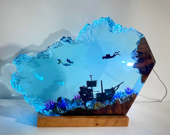 Resin Night Lights, Little Mermaid & Human Epoxy Resin Wood Night Light ...