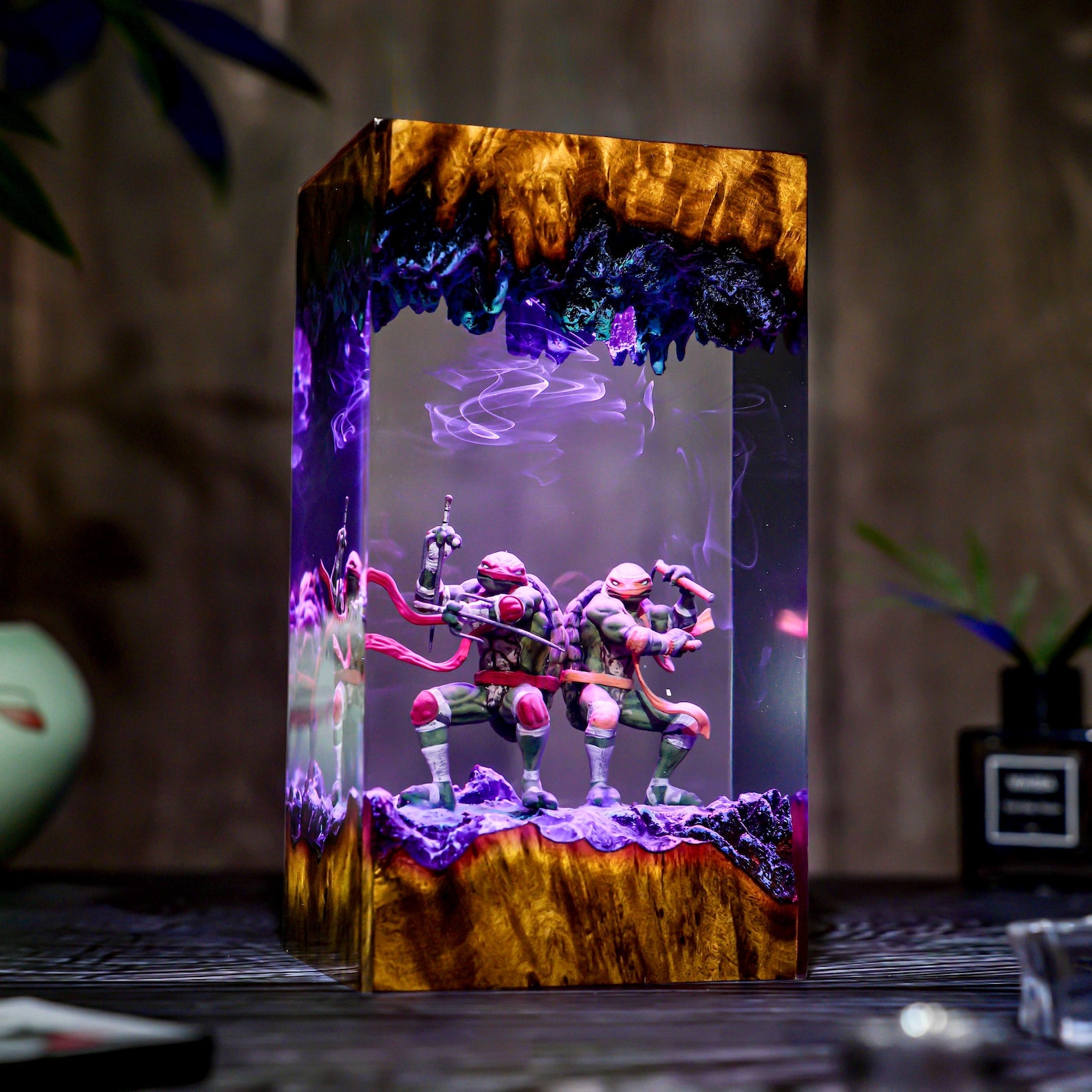 Warrior Turtle Lamp Diorama, Handmade Resin & Wood Night Light, Samurai ...