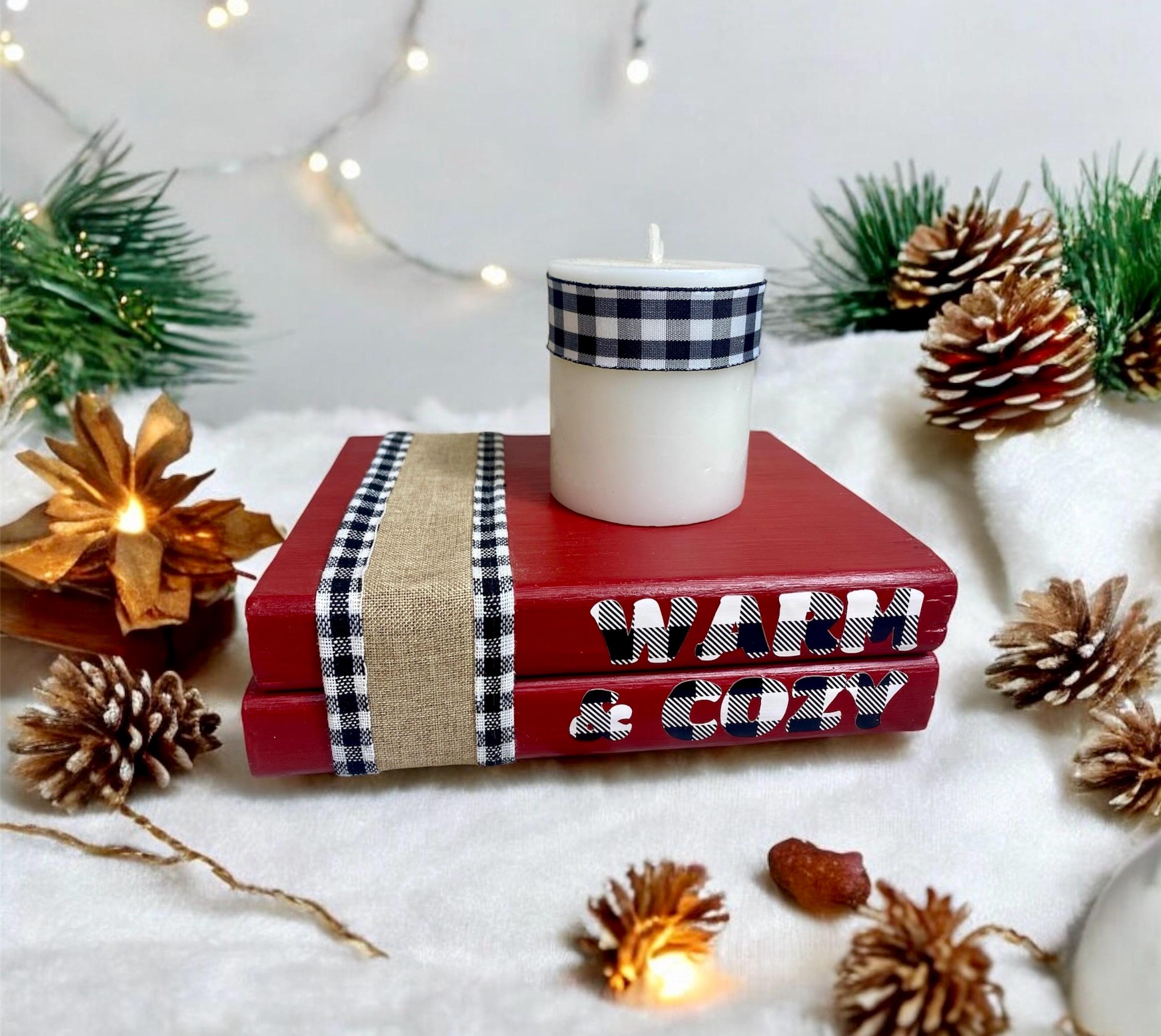 Wooden Handmade Christmas Books With Coordinating Candle, Faux ...