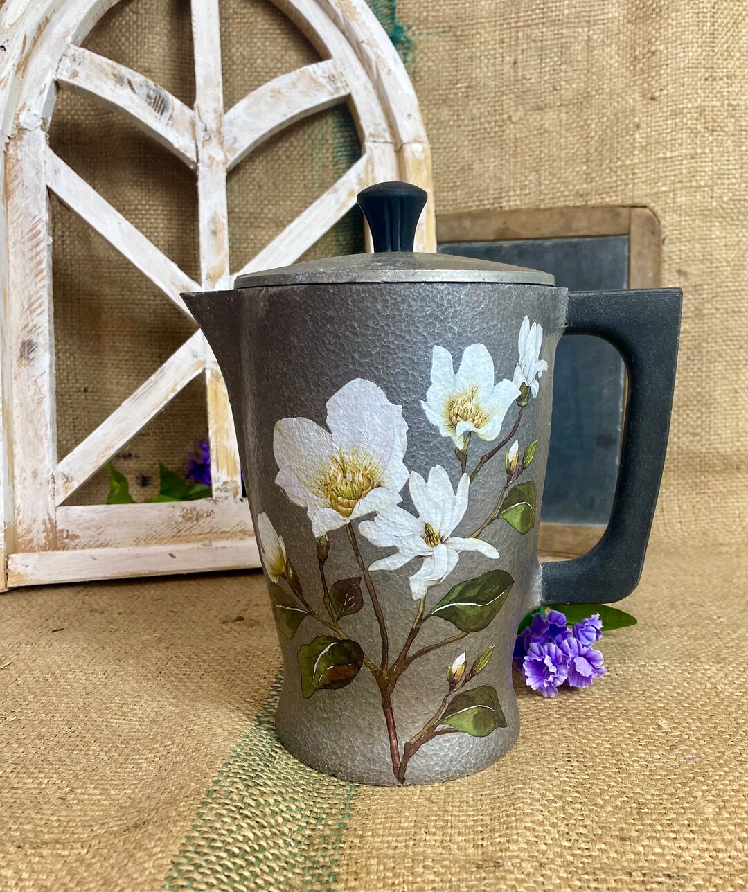 Upcycled, Retro, Hammered Aluminum Pitcher With White Magnolia Flowers ...