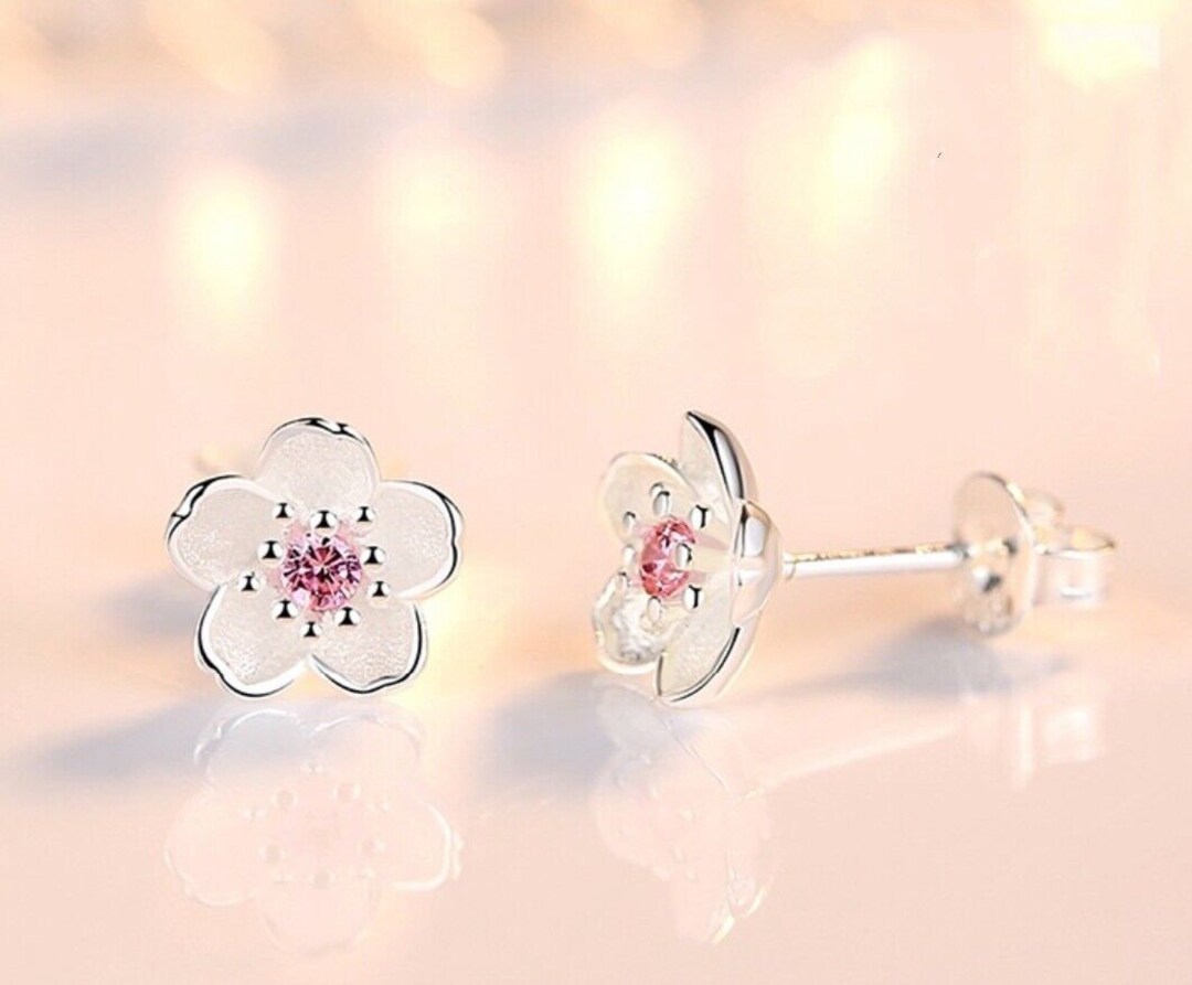 Women Girl Pink Crystal Flower Earrings Stud 925 Sterling Silver ...
