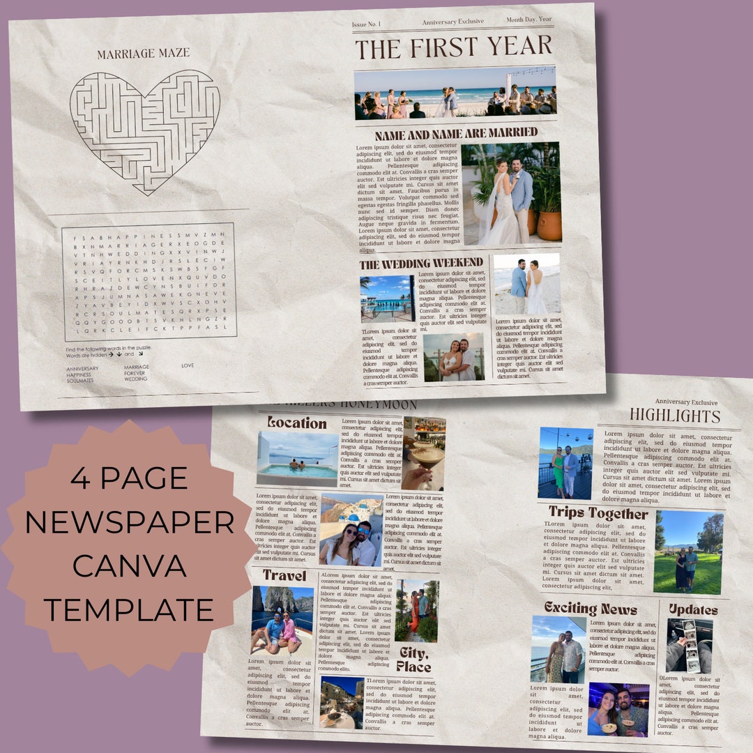First Anniversary, Paper Anniversary Gift, Canva Newspaper Template ...