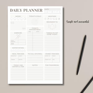 Minimalist Daily Planner Printable PDF, Productivity Organizer Template ...