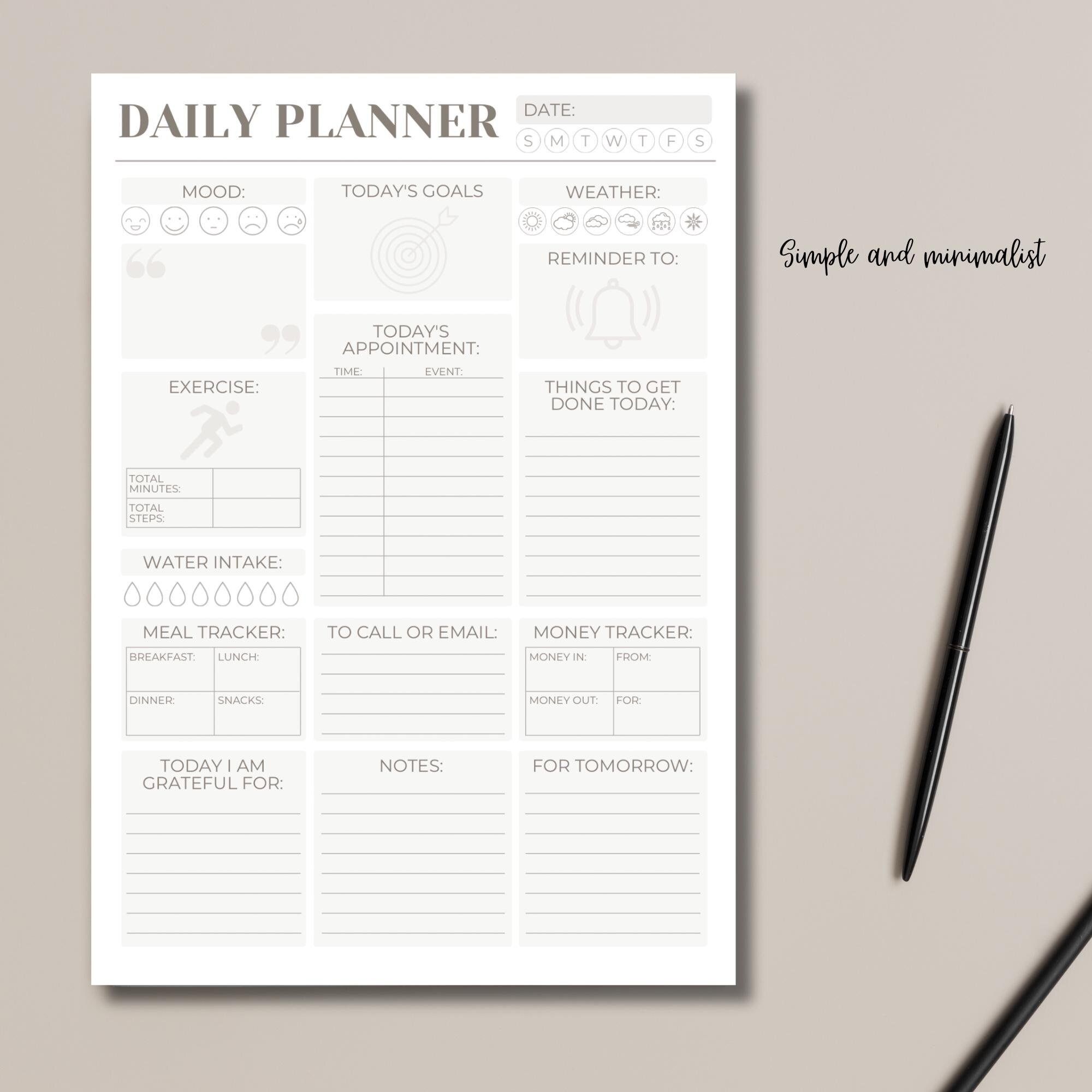 Minimalist Daily Planner Printable PDF, Productivity Organizer Template ...