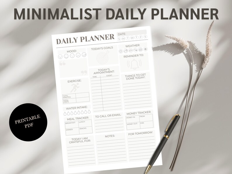 Minimalist Daily Planner Printable PDF, Productivity Organizer Template ...
