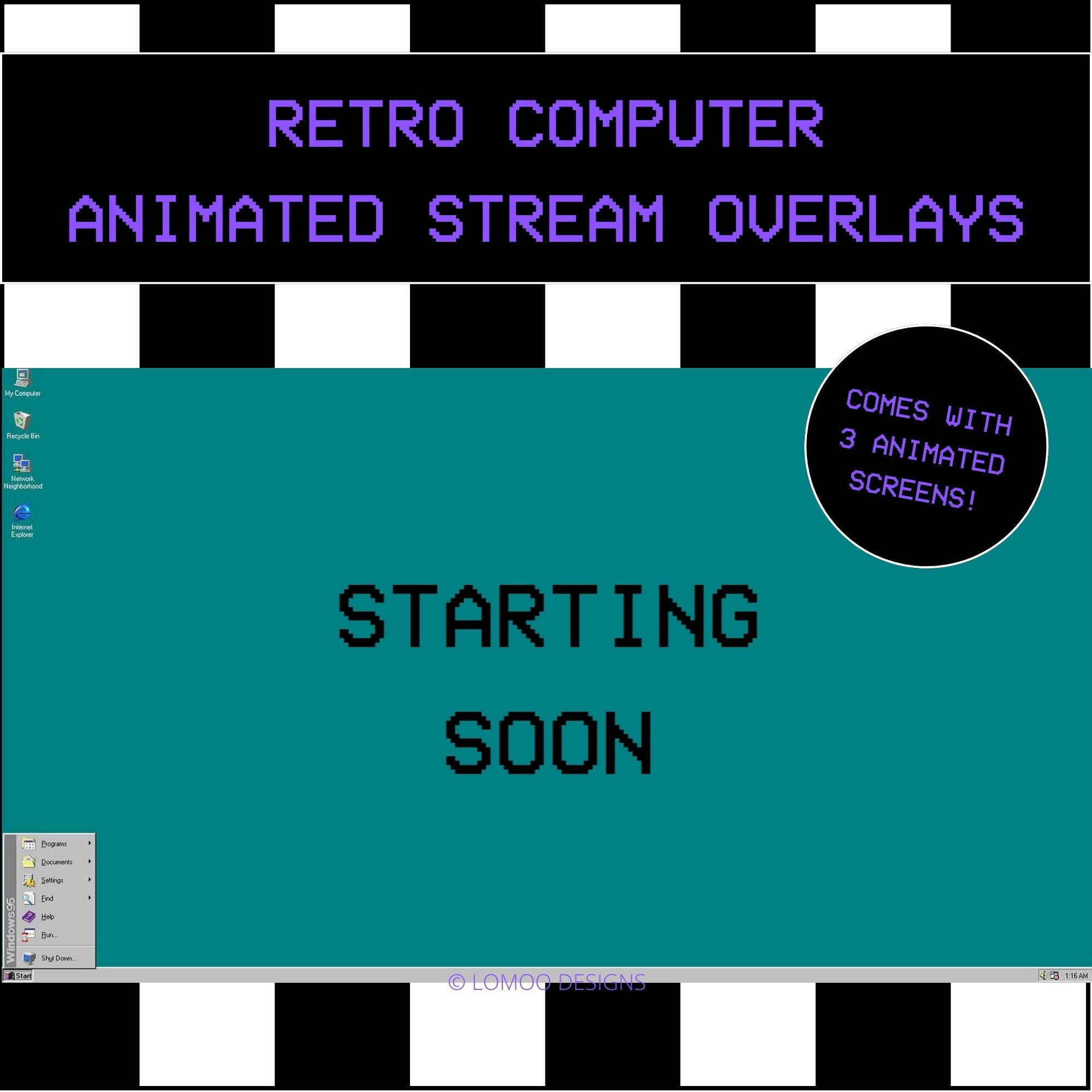3 Animated Retro 90s Aesthetic Computer Twitch Stream Overlays Starting ...