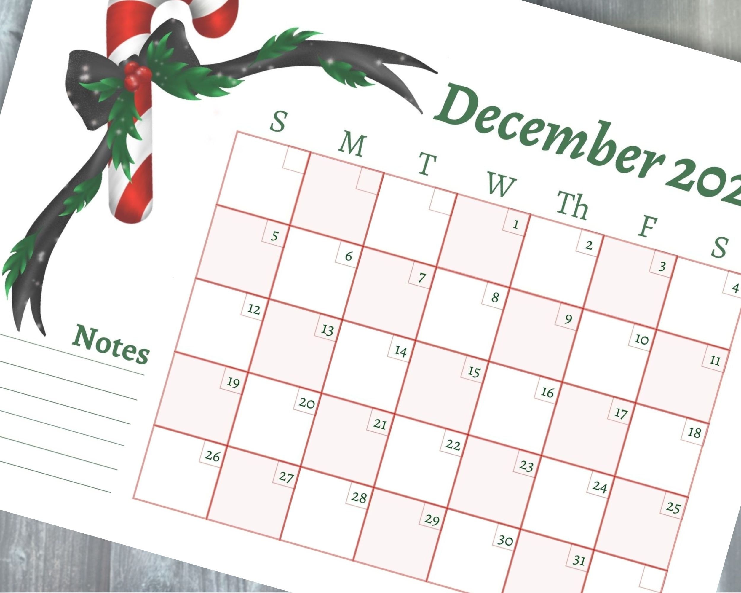 December 2021 Calendar Printable, Christmas Theme Calendar - Etsy