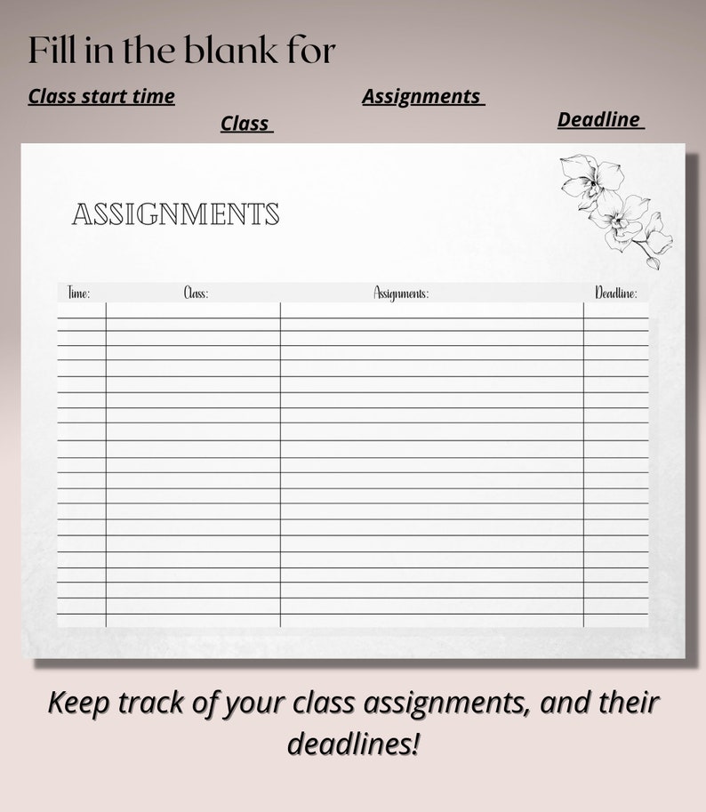 Floral Assignment Tracker Printable Planner Class Schedule - Etsy