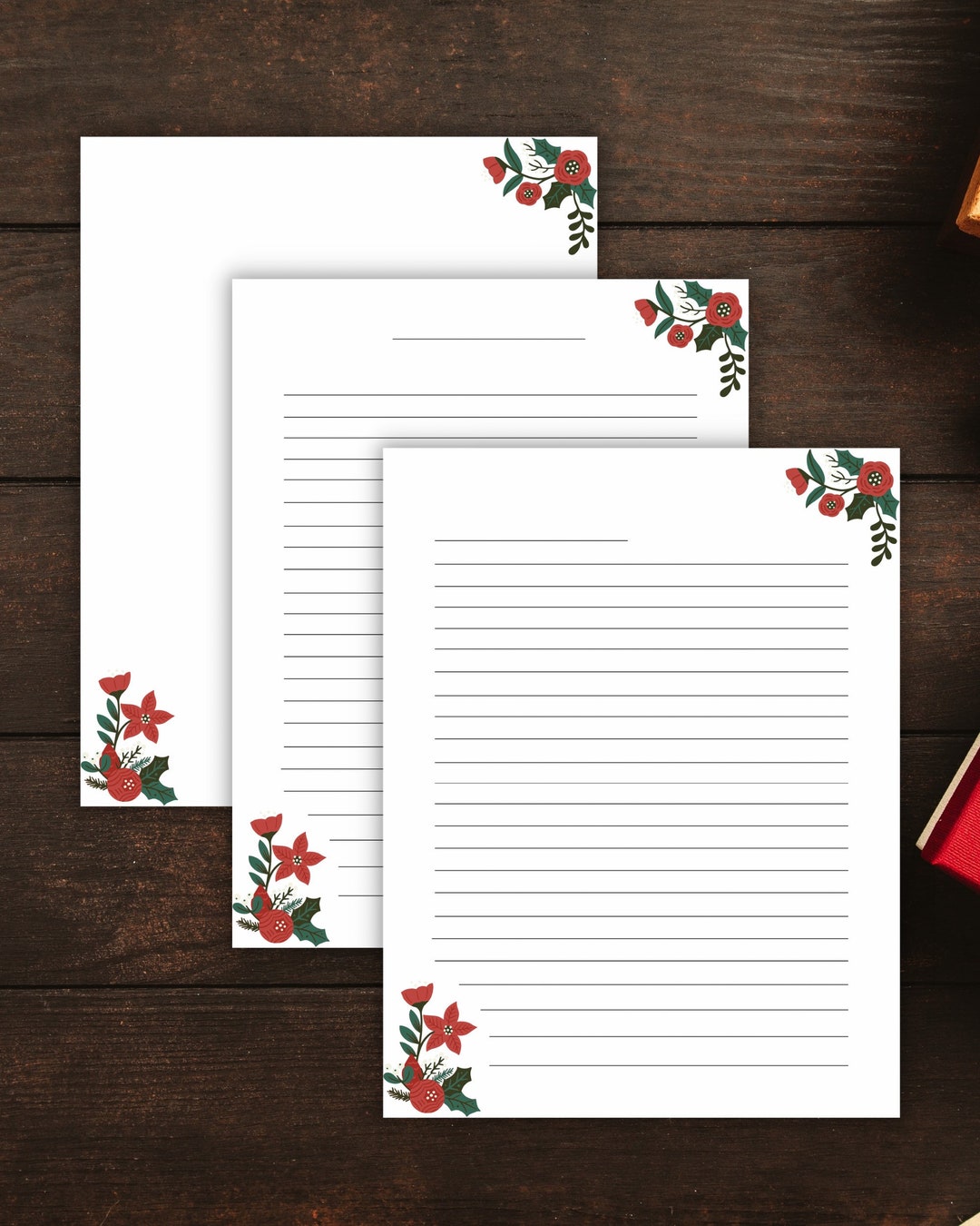 Christmas Stationery Paper Poinsettia Flowers Set of 3, Bonus Bookmark ...