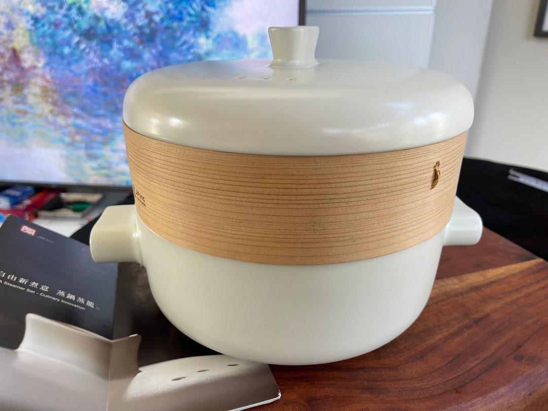JIA Steamer Set Large Ceramic Steamer Pot Lid & Cedar Wood Basket Rice ...