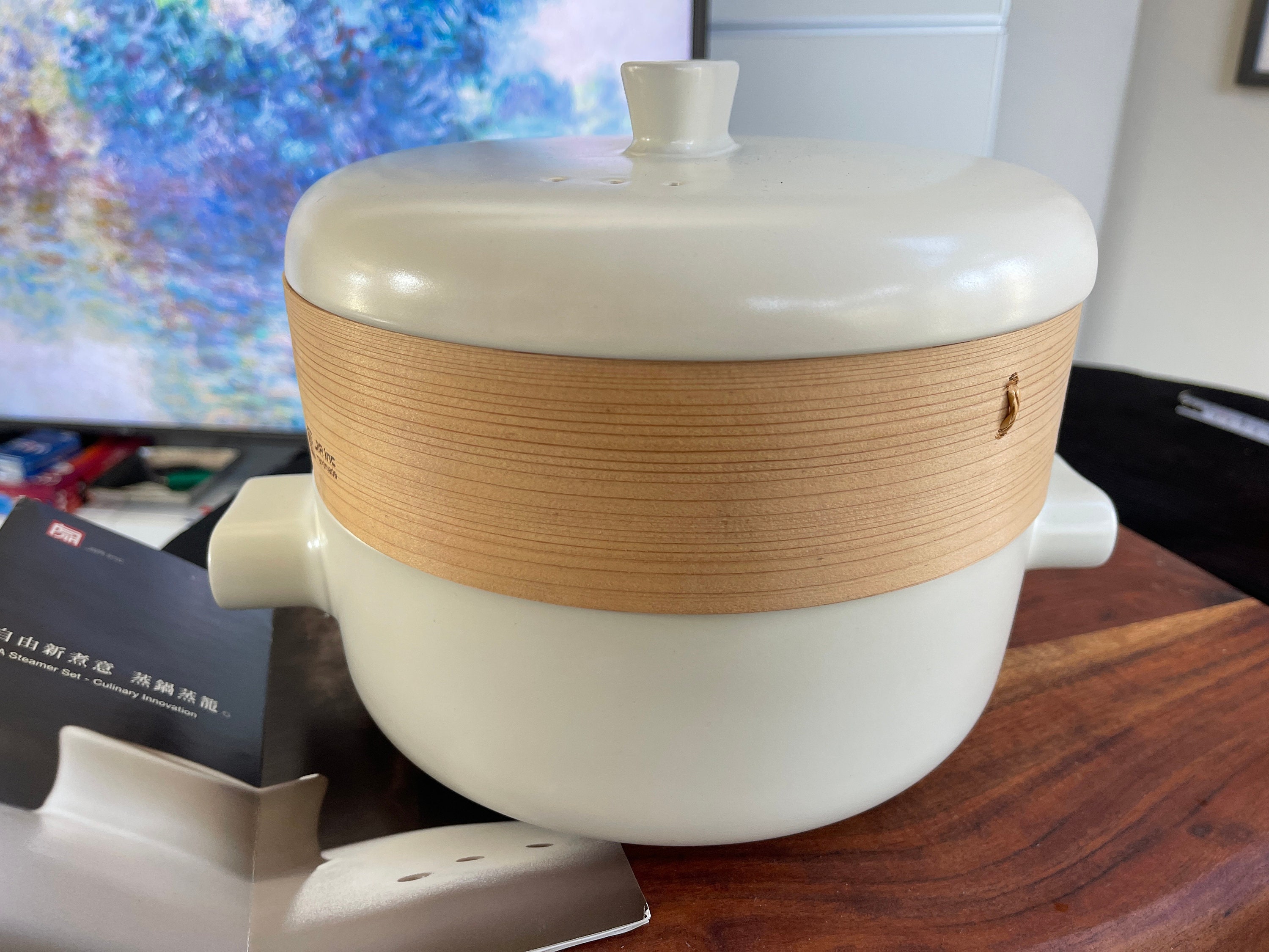 JIA Steamer Set Large Ceramic Steamer Pot Lid & Cedar Wood Basket Rice ...