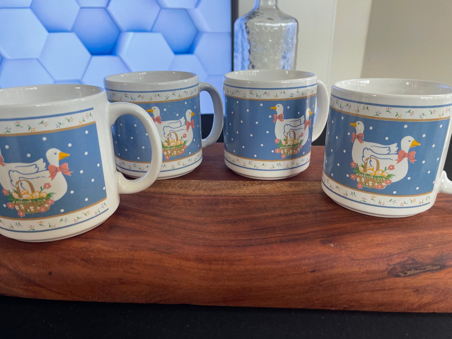 Vintage GEESE GOOSE Honk Honk Set 4 Drinking Coffee Cup Mug Blue Ribbon ...