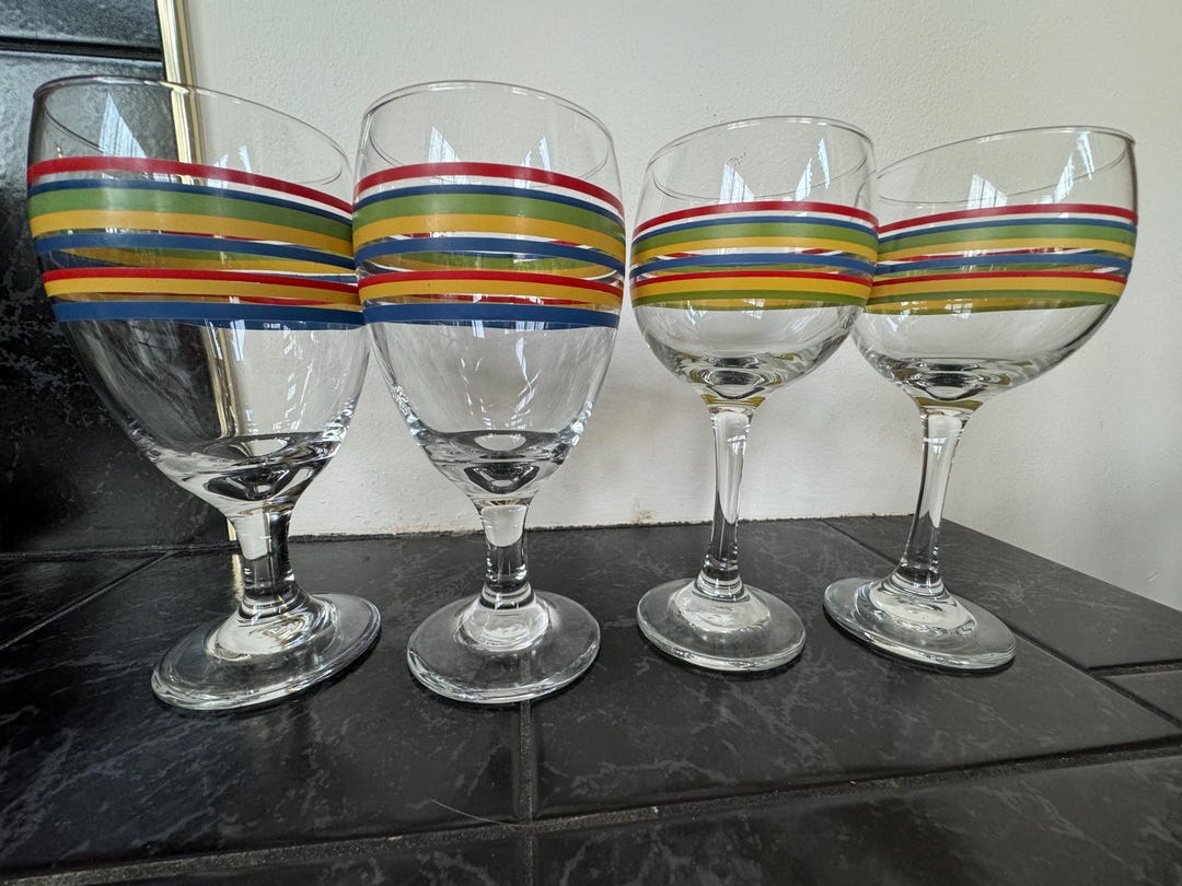 Vintage Libbey Fiesta Rainbow Mambo Striped Goblets Wine Retro Heavy Water Cocktail Glasses Set ...