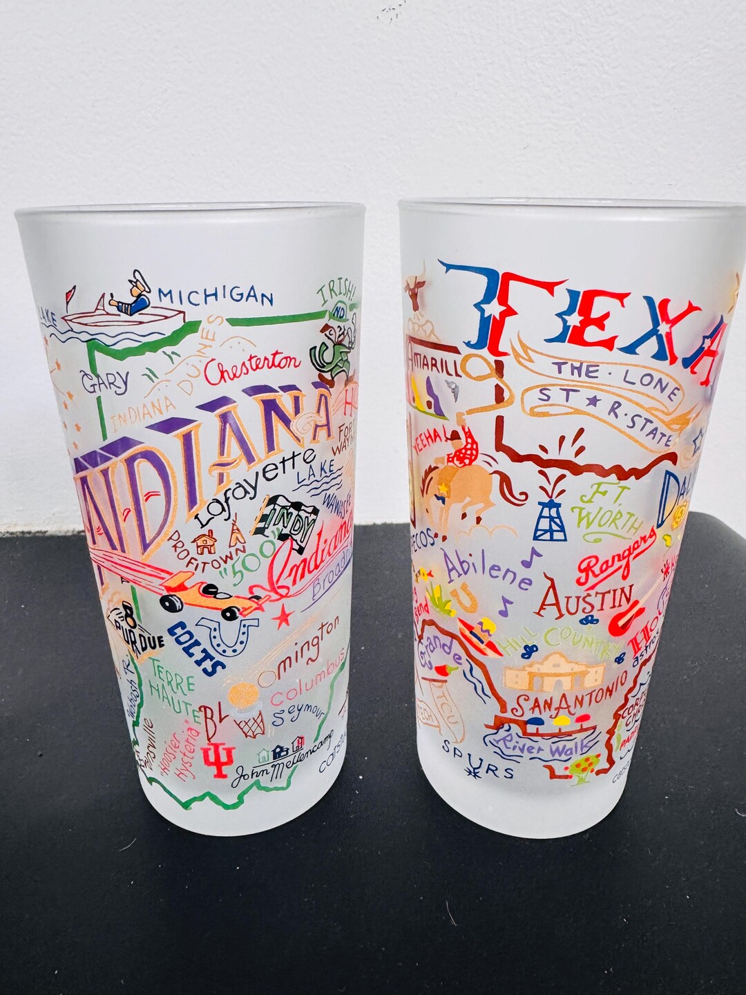 Vintage Frosted State Map Glasses Indiana Texas Road Trip Tumblers Set ...