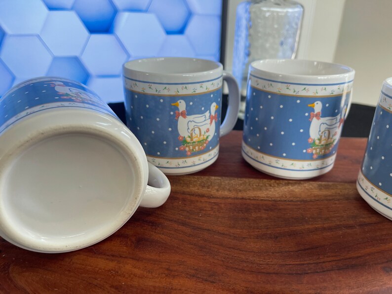 Vintage GEESE GOOSE Honk Honk Set 4 Drinking Coffee Cup Mug Blue Ribbon ...