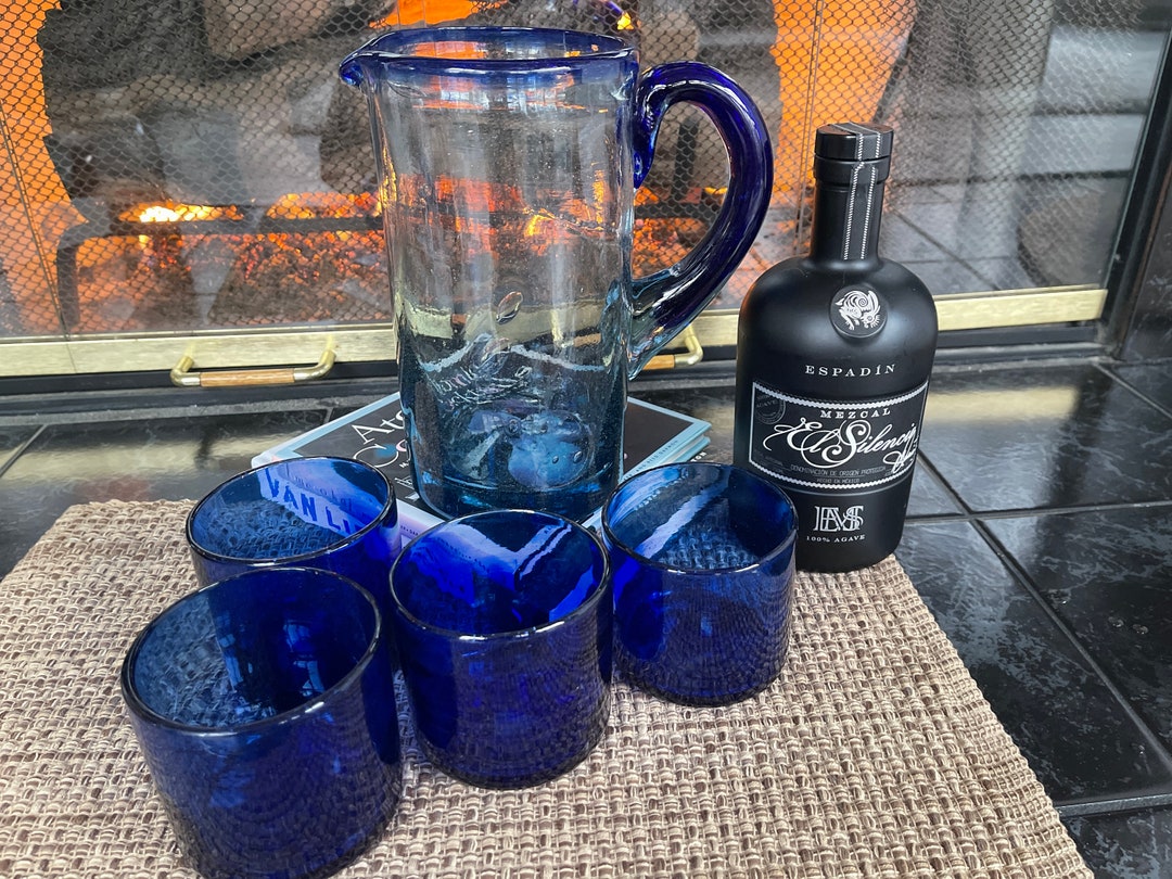 Hand Blown PITCHER and 4 Thick Glasses Mexico Retro Blue Margarita ...