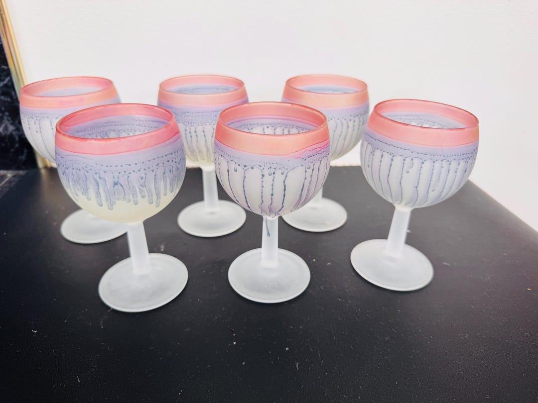 Vintage French Style Drip Art Glass Goblets Set of 6 Pastel Pate De ...