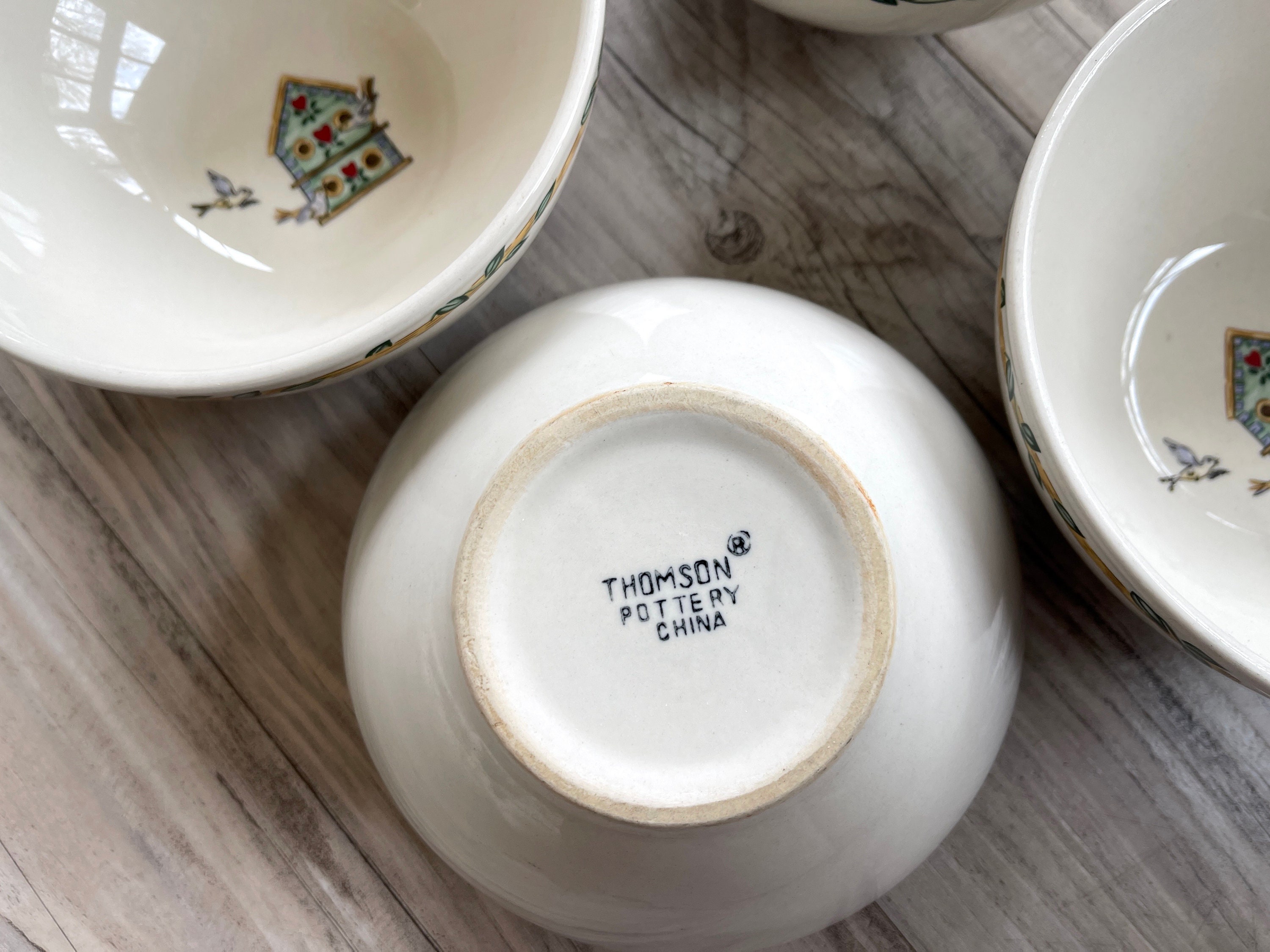 4 Thompson Pottery BIRDHOUSE Soup Cereal Bowls Vintage Stoneware Bowl ...