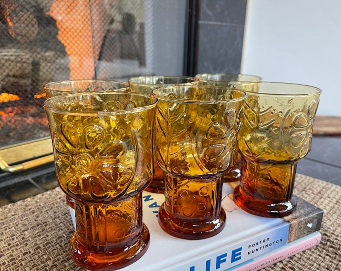 Libbey Country Garden Gold Glasses DAISY Wine or Water Goblets Libby ...