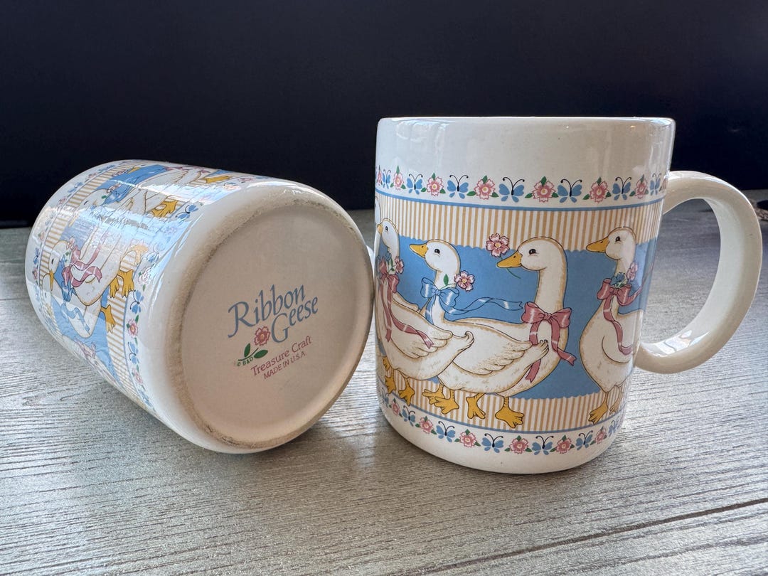 Vintage GEESE GOOSE Honk Honk Set 2 Drinking Coffee Cup Mug Blue Ribbon ...
