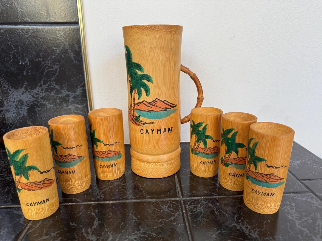 RARE Vintage CAYMAN Tiki Mug Set and Pitcher Bamboo Wood Set of 7 Mai ...