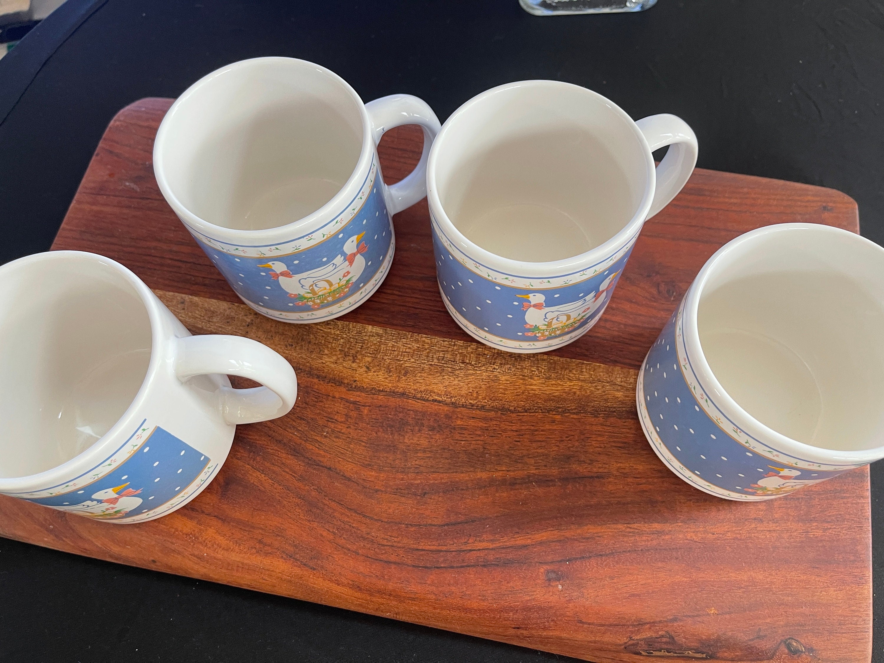 Vintage GEESE GOOSE Honk Honk Set 4 Drinking Coffee Cup Mug Blue Ribbon ...