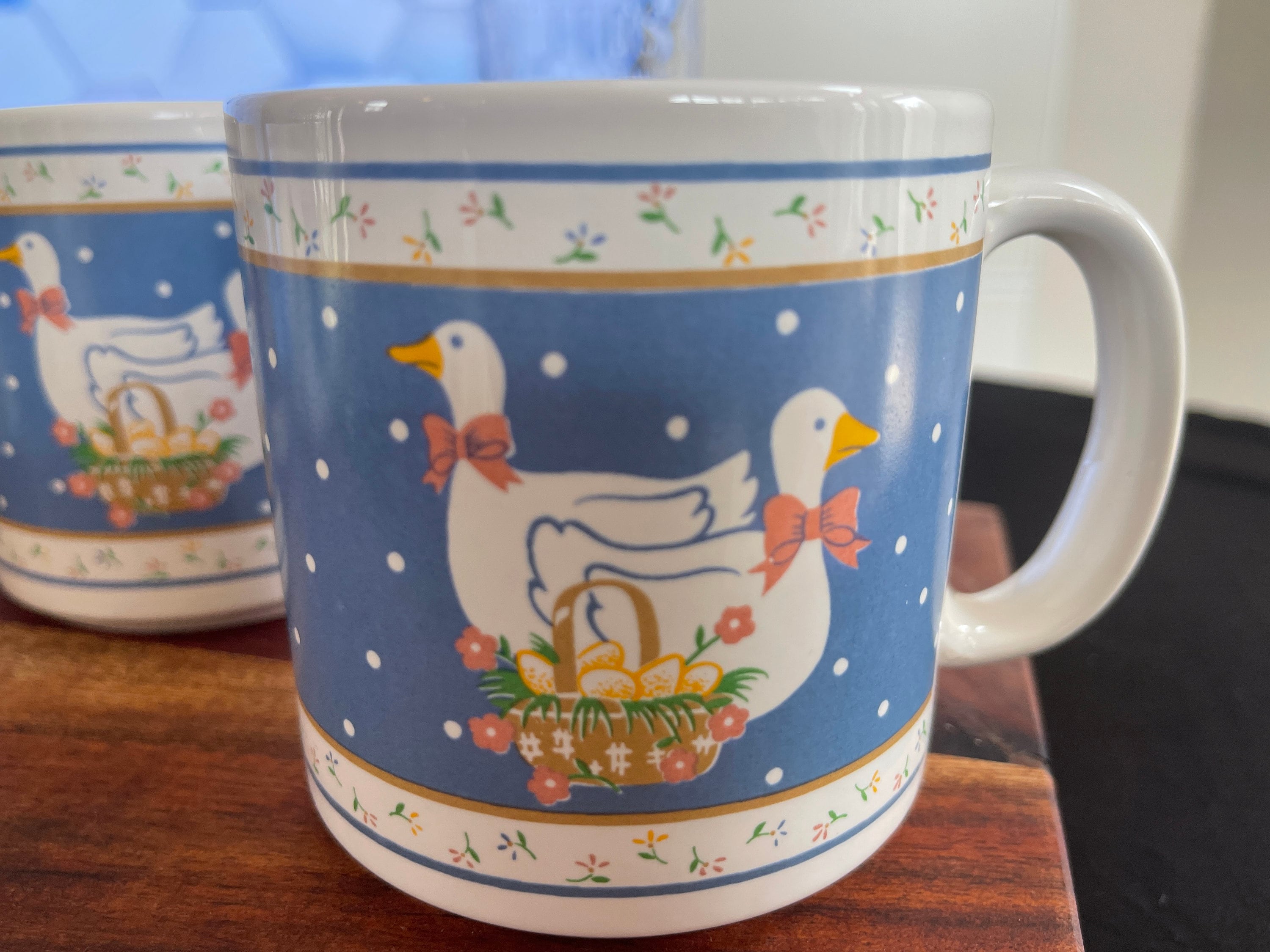 Vintage GEESE GOOSE Honk Honk Set 4 Drinking Coffee Cup Mug Blue Ribbon ...