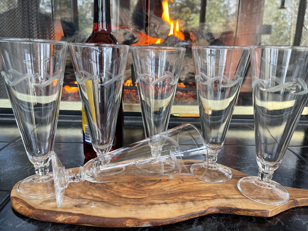 RARE MCM Wave Etched Set 6 Footed Pilsner Glasses Beer Lager Ale Porter ...