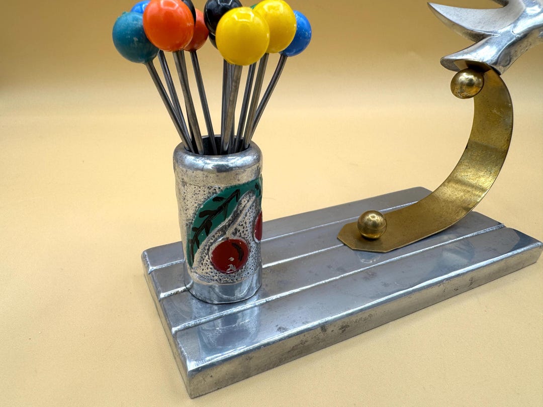 Art Deco Swallow Cocktail Pick Set — Aluminum & Brass Stand W/ Enamel ...