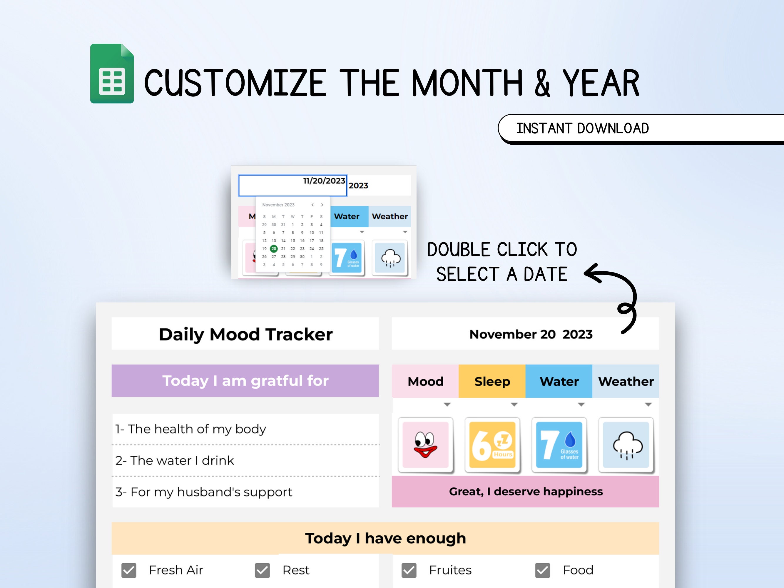 DAILY MOOD TRACKER Spreadsheet Google Sheet, Mood Journal Google Sheet ...