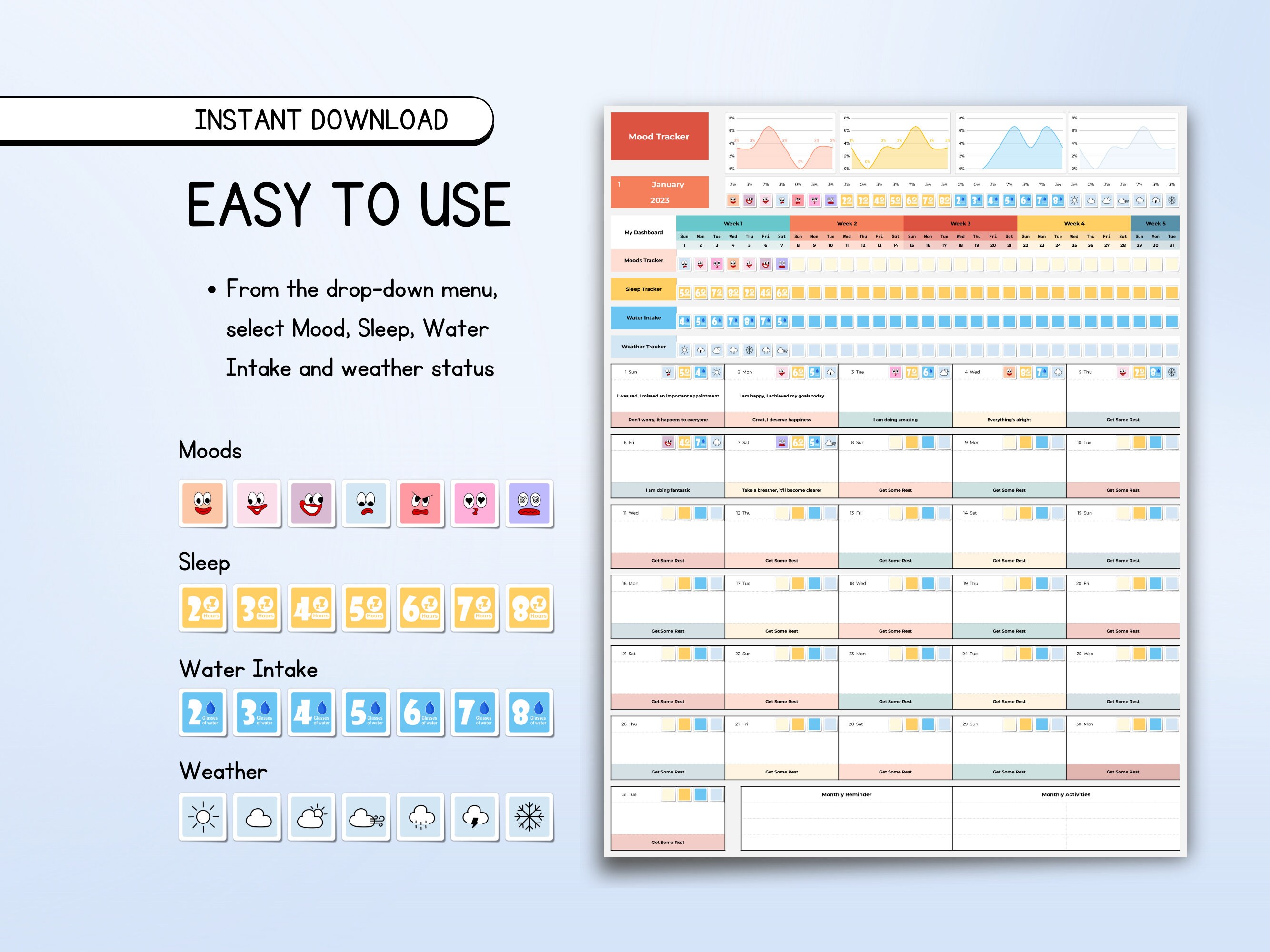 Digital Mood Tracker Spreadsheet, Google Sheets Template, Daily Mood ...